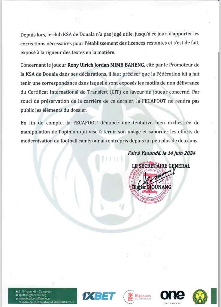 La Fécafoot répond à Gilbert Kadji – Kamerfoot